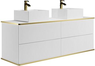 Vente-Unique Vente-unique - Meuble de salle de bain suspendu stri&eacute; liser&eacute; dor&eacute; avec double vasque &agrave; poser carr&eacute;e - Blanc - 150 cm - keliza