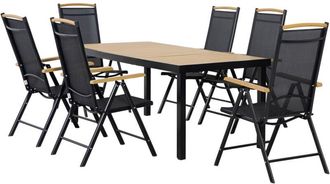 OUTSUNNY Ensemble table de jardin 6 personnes - chaises pliables inclinables accoudoirs - alu textil&egrave;ne noir plastique effet bois