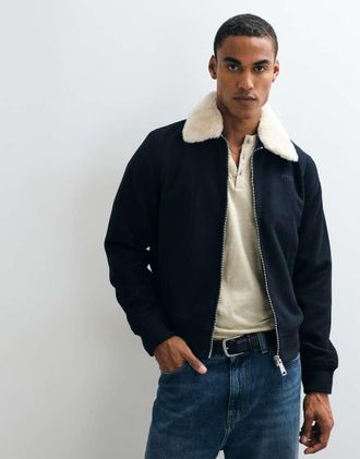 Schott NYC veste Harrington en m&eacute;lange de laine bleu marine avec patch logo et d&eacute;tail col faux-fur