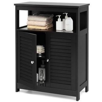 Giantex Badezimmerschrank Badschrank, Aufbewahrungsschrank Regal aus Holz, Badkommode mit h&ouml;henverstellbarem Einlegeboden, Sideboard mit 2 Jalousie T&uuml;ren, Bei