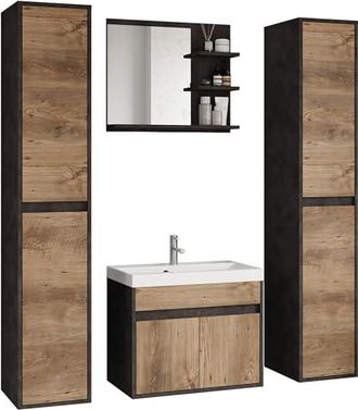 Selsey Badmöbel Set Braun, Luani XL Badezimmermöbel Set Mit Waschbecken, Waschtischunterschrank, Spiegelschrank & 2 Hochschränke - Wandmontage, Laminierte Pl