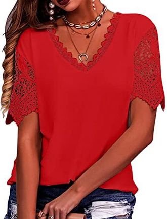 Onsoyours Chemisier Femme Sexy Chic Hauts À Manches Courtes Dentelle Ample Tunique Blouse Elégante Mode Col V Shirt Tops Imprimé Dété Vintage Basique Pull Top A