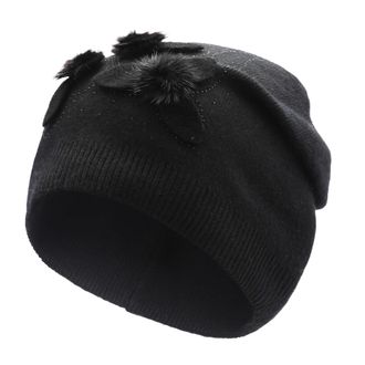 ZLYC Damen Strickmützen Mütze Doppellagig mit Blumenmuster Skull Cap(DREI kleine Pom-Blumen Schwarz),Einheitsgröße