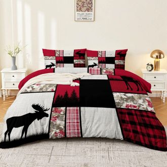 Generic Atmungsaktiv Bettw&auml;sche 135 x 200 cm, Weiche Kuschelige Mikrofaser L&auml;ndlicher Stil Elch Karomuster Bedruckte Bettbezug Set mit Rei&szlig;verschluss - Rot We