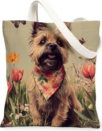 Generic Sac fourre-tout en toile motif chien de cairn terrier printanier 33 x 38,1 cm, sac d&eacute;picerie r&eacute;utilisable &agrave; motif floral vintage pour femme, peinture 