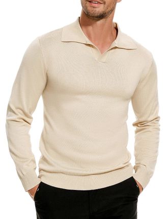 iClosam Strickpullover Herren mit Revers Polo Langarm Herrenpullover Business Pullover Basic Pulli Herren Sweater,Aprikose,L