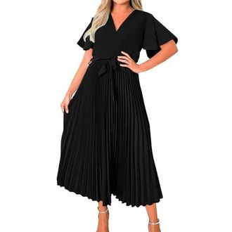 Generic Robe midi d&eacute;t&eacute; ample &agrave; manches courtes avec ceinture et col en V pour femme - Grande taille, Noir, XL