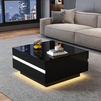 Generic Moderner quadratischer LED-Couchtisch 70x70x36 cm - Hochglanz-Sofatisch aus geh&auml;rtetem Glas mit 2 Schubladen - Elegantes geometrisches Design - Funkti