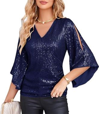 Grace Karin Haut &agrave; paillettes pour femme - Manches 3/4 - Paillettes scintillantes - Chemisier de f&ecirc;te envelopp&eacute; &agrave; col en V - Chemise de sortie dautomne, bleu mari