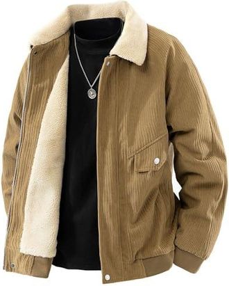 Generico Manteau en polaire pour homme avec boutons, veste cargo chaude avec col roulé et poches, manteau dhiver épais doublé en velours côtelé uni décontracté