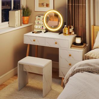 Giantex Schminktisch mit Spiegel & dimmbares Beleuchtung in 3 Farben, Frisiertisch mit gepolstertem Hocker, 5 Schubladen, Massivholzbeine, Marmoroptik-Finish,