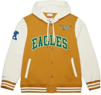 Mitchell & Ness NFL Veste coll&egrave;ge vintage avec capuche - manches contrast&eacute;es, fermeture &agrave; bouton-pression (FR/ES, Alpha/lettres, TG, Taille normale, Taille normale, P