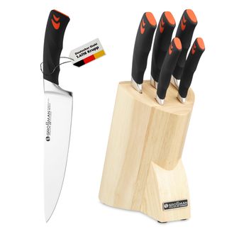 Greta Magnusson-Grossman Waterloo Messerblock 5-teilig - K&uuml;chenmesser Set mit schwarz-orangenen Griffen - deutsche Edelstahlklingen - Messerhalter in Beige - rutschfest & mode