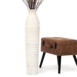 Leewadee Leewadee Grand Vase A Poser Au Sol pour Branches D&eacute;coratives De Pampa, Vase en Bois De Manguier, 85 cm, Blanc
