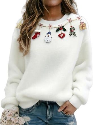 Generic Sweat-shirt en flanelle &agrave; imprim&eacute; chat de No&euml;l pour femme, pull dhiver d&eacute;contract&eacute; &eacute;l&eacute;gant doux et chaud, haut pullover fantaisie dr&ocirc;le &agrave; col rond No&euml;