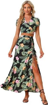 Allegra K Femme Tenues Tropicales 2 Pièces Tailleurs-Jupes Bohos avec Fleuris Col en V Haut Court Hawaïen et Jupe Longue Fendue Noir XL