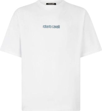 Roberto Cavalli Homme, Tops, Blanc, Taille: M T-Shirt en coton avec dragon et logo