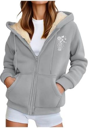 Generic Sweat-shirt en molleton doubl&eacute; pour femme avec capuche enti&egrave;rement zipp&eacute;e, sweat-shirt thermique avec impression de coeur, Cendr&eacute; clair, M
