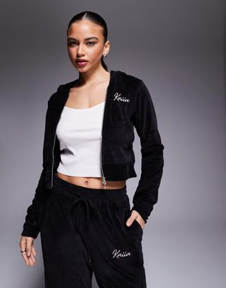 KAIIA Cropped-Kapuzenjacke aus Samt in Schwarz und Babyrosa mit Logo-Stickerei, Kombiteil-Bunt