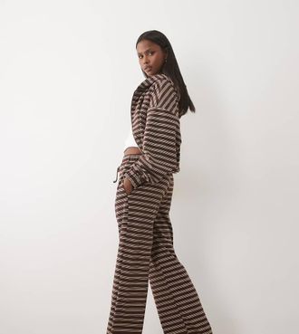 KAIIA Jersey-Fleece-Weitbein-Hose mit Tunnelzug als Kombiteil in Schokobraun und Creme gestreift-Multi