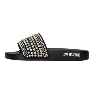 Love Moschino Flache Pantoletten aus Stoff mit Applikationen - - Shoes - Damen - Schwarzk - 36 EU