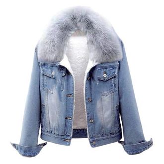 Generic Chemise en jean oversize pour femme, doubl&eacute;e en polaire, mini manteau dhiver jean, col amovible fausse fourrure, haut chaud, bleu clair, taille S