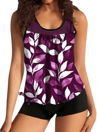 Generic Ensemble tankini imprim&eacute; conservateur pour femme - Maillot de bain fendu &agrave; motif floral avec coussinets de soutien-gorge int&eacute;gr&eacute;s et short boyshort, m