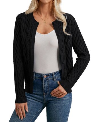 Grace Karin Damen Strickjacke Kurz Langarm Rundhals Cardigan Elegant Casual Strickjacke mit Knöpfen Bolero Schwarz XXL