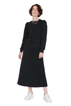 Trendyol Trendyol Damen Woman Übergröße Mini Bodycon Rundhalsausschnitt Webstoff Größen Kleid, Black, M