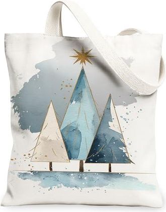 Generic Sacs fourre-tout en toile avec motif darbre de No&euml;l, sacs d&eacute;picerie r&eacute;utilisables, l&eacute;gers et lavables avec bandouli&egrave;re en toile F, Blanc, 13x15 Inch