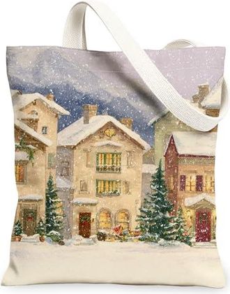 Generic Sac fourre-tout en toile, motif maison rustique, sac &agrave; provisions r&eacute;utilisable, l&eacute;ger et lavable avec bandouli&egrave;re, blanc, 13x15 Inch