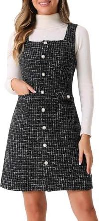 Allegra K Robe en Tweed pour Femme Salopette sans Manches Col Carr&eacute; Boutonn&eacute;e Robes Casual Trap&egrave;ze Noir S
