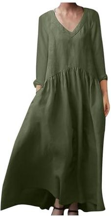 Generic Robe longue plissée en lin avec col en V pour femme, coupe décontractée, pour lautomne et lété 2024, U-827 Vert kaki citron, XXXL