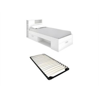 Vente-Unique Vente-unique - Lit avec t&ecirc;te de lit rangements et tiroir - 90 x 190 cm - Blanc + Sommier - leandre
