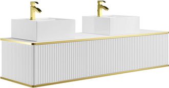 Vente-Unique Waschbeckenunterschrank h&auml;ngend mit quadratischem Doppelaufsatzwaschbecken - Streifenoptik - Goldfarbene Umrandung - Wei&szlig; - 150 cm - KELIZA