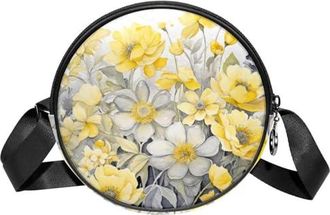 Generic Petit sac &agrave; bandouli&egrave;re circulaire pour femme, motif feuilles florales, sac &agrave; dos avec fermeture &eacute;clair, bretelles r&eacute;glables, sac &agrave; main rond d&eacute;contra