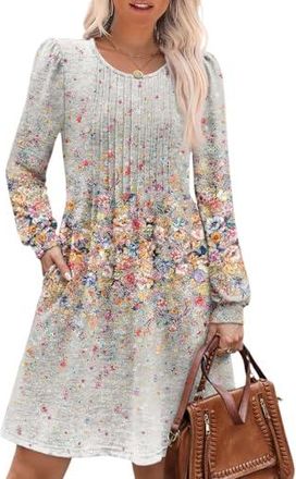 Generic Mini robe gaufr&eacute;e de style boh&egrave;me &agrave; manches longues et col rond - Robe d&eacute;contract&eacute;e fluide avec poches lat&eacute;rales - Douce et extensible - Confortable -