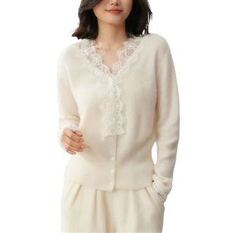 Generic Cardigan ouvert en cachemire tricot&eacute; &agrave; manches courtes et col en V pour femme, blanc, Taille XS