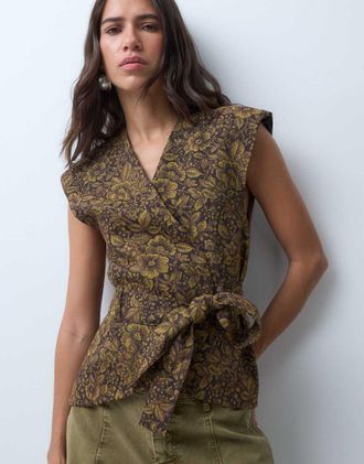 Asos blazer sans manches ceintur&eacute; &agrave; motif tapisserie florale-Multi