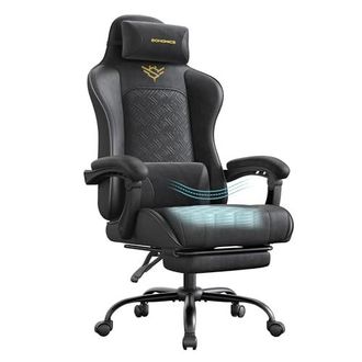 Songmics Chaise Gaming, Chaise de Bureau, Ergonomique, Fauteuil Gaming, Coussin dAssise à Ressorts, Repose-Pieds, Accoudoirs avec Mécanisme Synchrone, Noir den