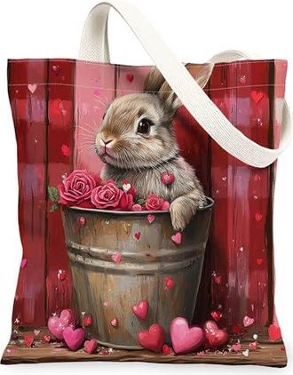 Generic Sac fourre-tout en toile pour le shopping - Motif lapin - 33 x 38 cm - Pour la Saint-Valentin - R&eacute;utilisable - Pour femme - Peinture animale - Cadeau 