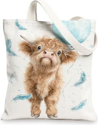 Generic Sac fourre-tout en toile avec motif animal mignon, adorable motif vache, sacs de courses légers et respectueux de lenvironnement pour voyage, gym, pla