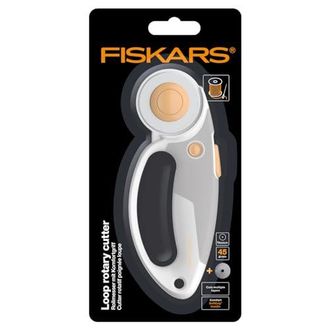 Fiskars Cutter Rotatif en Titane, Lame rotative avec Poignée en boucle, pour Droitier et Gaucher, Diamètre de la Lame : 45 mm, orange/blanc/gris, 1066047