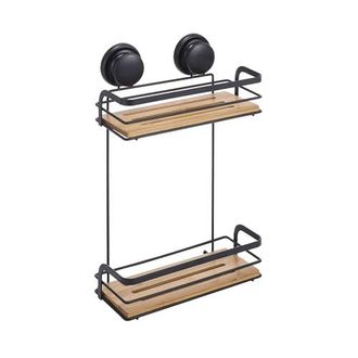 MSV Duschregal mit Saugn&auml;pfen, 2 Ebenen, Bambus und mattschwarzer Stahl