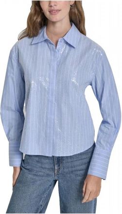 DKNY Dkny, Femme, Blouses et Chemises, Bleu, Taille: 42 FR Chemise Popeline Boutonn&eacute;e avec Sequins
