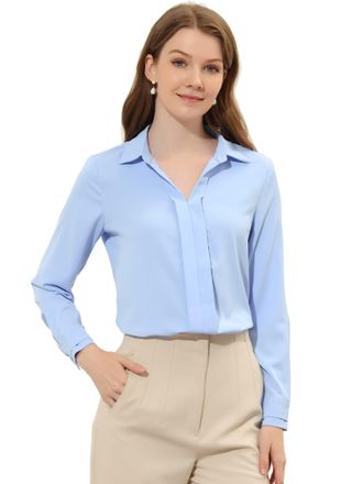 Allegra K Damen Satin Bluse Langarm Hemdkragen V-Ausschnitt Elegant Business Shirt Hellblaue M