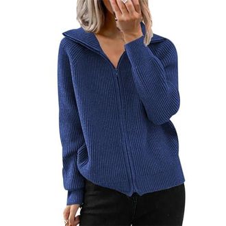 Generic Cardigan &agrave; fermeture &eacute;clair pour femme - Style d&eacute;contract&eacute; - Couleur unie - Manches longues - Pull tricot&eacute; tendance pour lautomne, bleu, 3XL