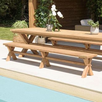Macabane KALLY - Banc de jardin 270x35cm en bois teck recycl&eacute; pieds crois&eacute;s