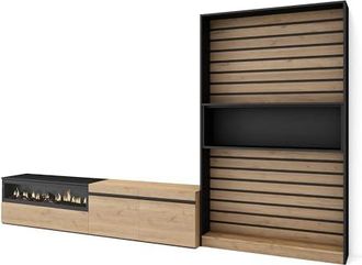 Skraut Home | TV-Bank | M&ouml;bel Wohnzimmer komplett | 310 x 186 x 35 cm | f&uuml;r Fernseher bis 80 Zoll | elektrischer Kamin | moderner Stil | Eiche und Schwarz