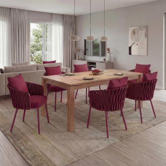 Mendler 6er-Set Aluminium-Esszimmerstuhl HWC-P89, Indoor Stuhl Armlehne, Stoff/Textil (180 g/m&sup2;) Seilgeflecht Rope - Bordeaux